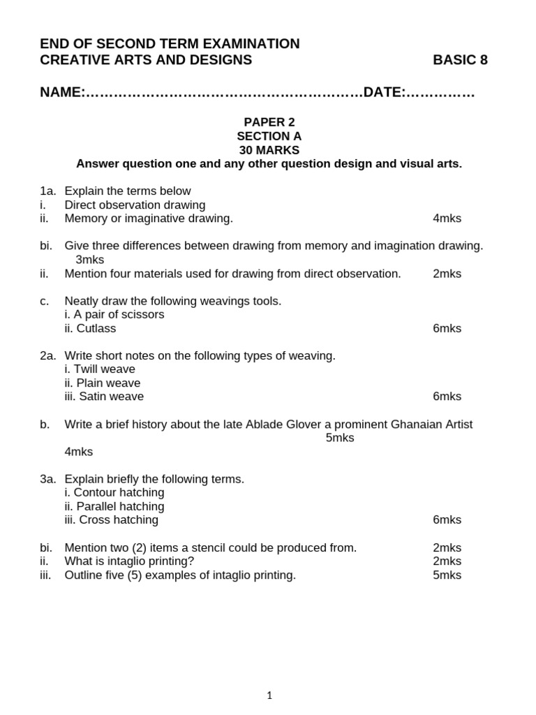 Basic 8 Creative Arts Exam Paper | PDF | Weaving | Textiles