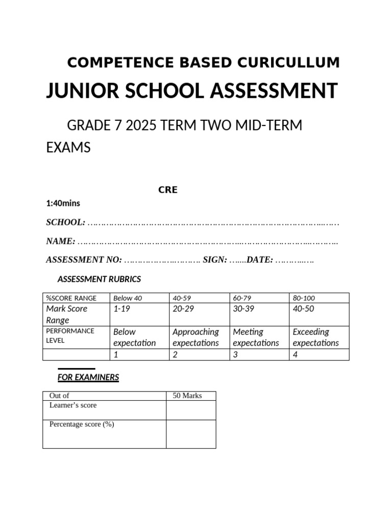 Grade 7 Cre QST 2024 Teacher - Co .Ke 6 | PDF | Bible | Religious Texts