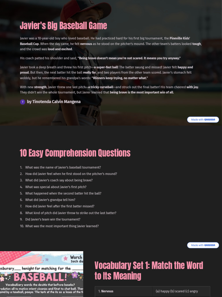 Javiers Big Baseball Game | PDF | Pitcher | Batting (Baseball)