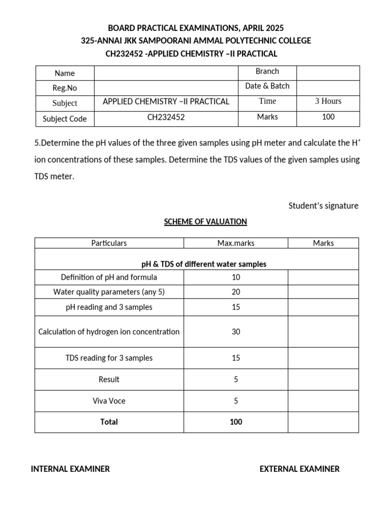 CHE PRACTICAL BOARD (24-25) SEM II (2) | PDF | Ph | Titration