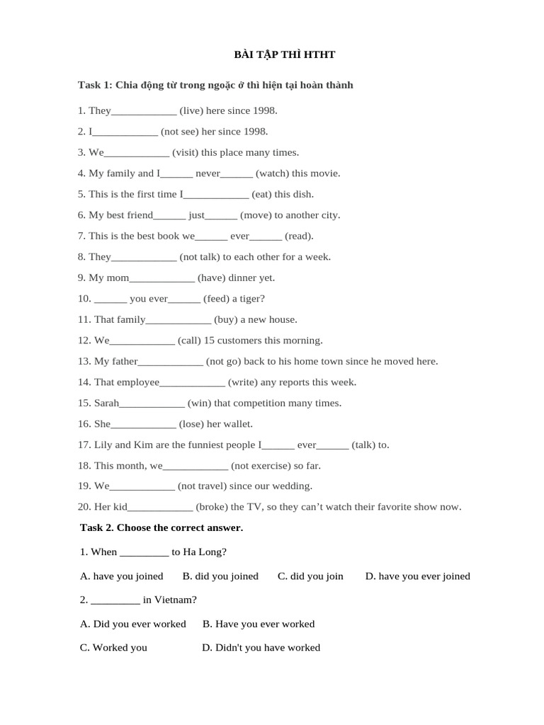 BÀI TẬP THÌ HTHT VÀ HTHTTD | PDF