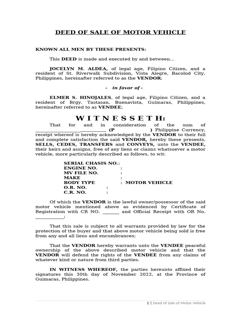 Motor Vehicle Deed of Sale Template | PDF | Environmental Law | Common Law