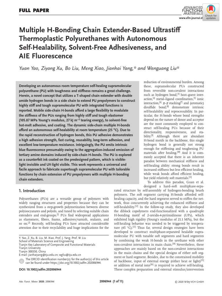 10 1002@adfm 202006944 | PDF | Hydrogen Bond | Polyurethane