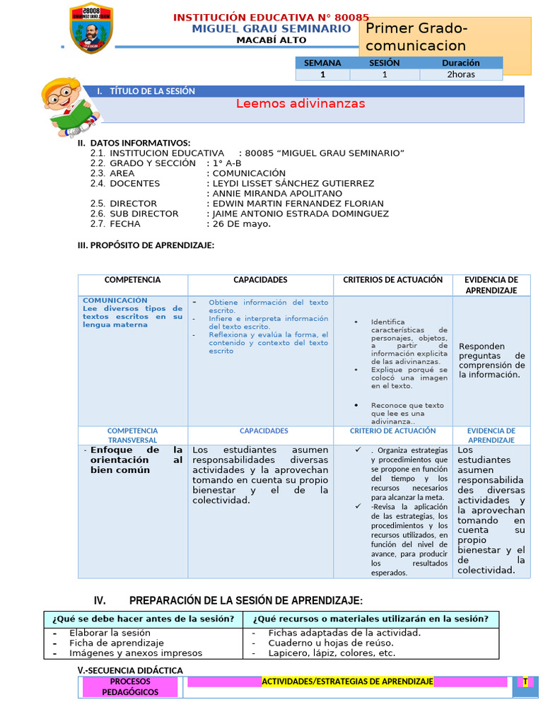 Sesion 1 Leemos Adivinanzas | PDF | Aprendizaje | Cognición