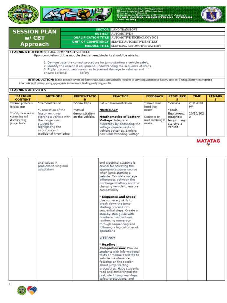 SESSION - PLAN - AUTOMOTIVE 9 COT JUMP Start | PDF | Learning | Reading ...