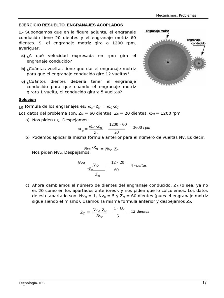 Ejercicios Resueltos Mecanismos Parte 2 | PDF | Engranaje | Eje