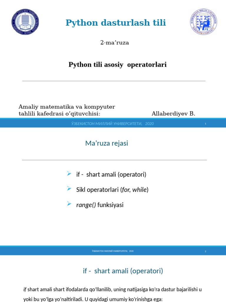 2 - Python Tili Asosiy Operatorlari | PDF