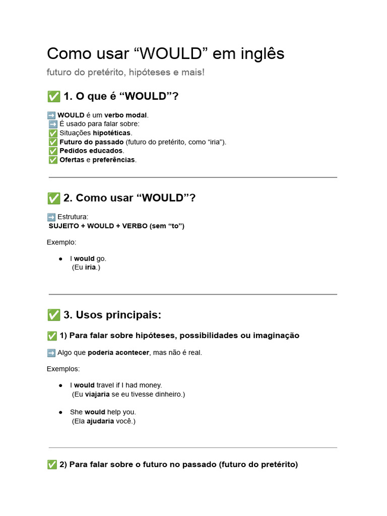 Como Usar "WOULD" em Inglês - Futuro Do Pretérito, Hipóteses e Mais ...