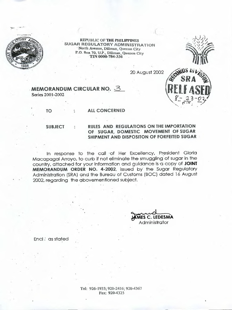 2001 2002 Memo Circular 3 Rules Regulations On Importation of Sugar | PDF
