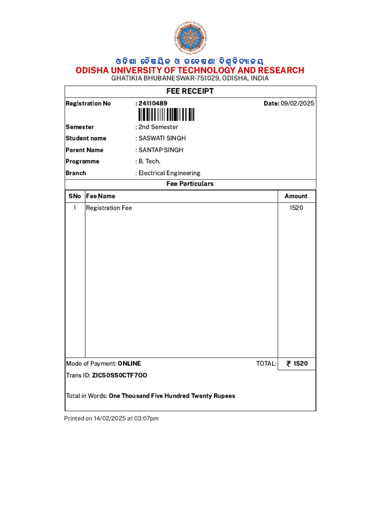 OUTR - ERP - Semester Registration Fee Receipt | PDF
