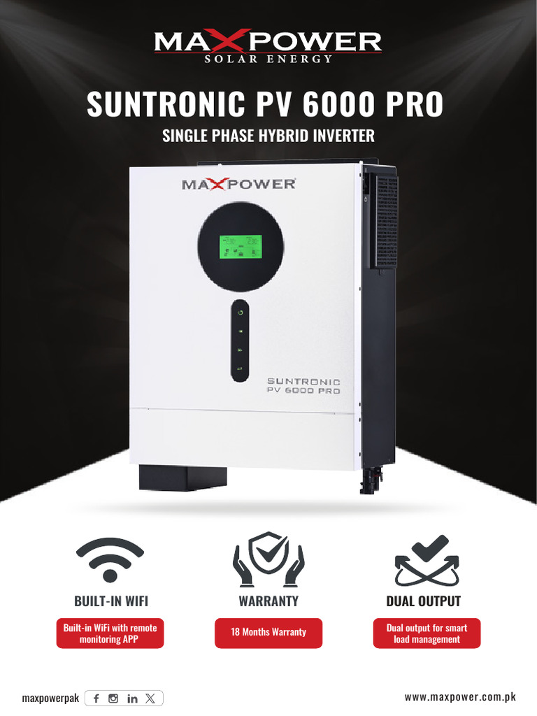 MaxPower SUNTRONIC PV6000 PRO Hybrid Inverter Datasheet | PDF | Battery ...