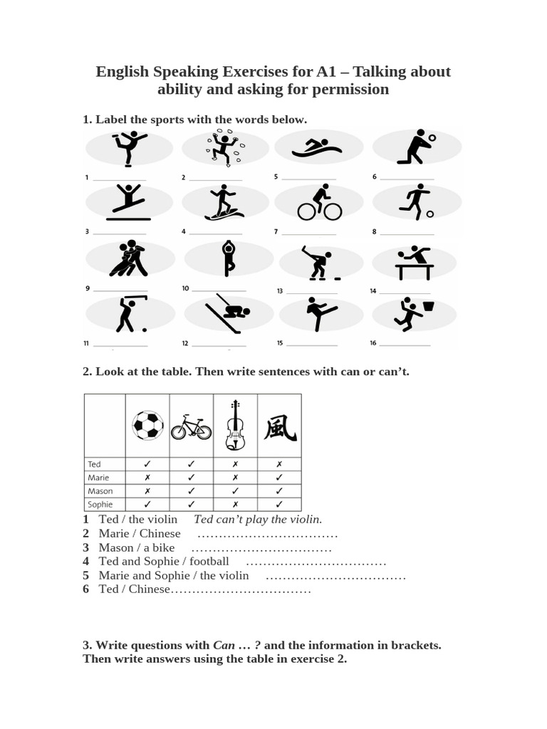English Speaking Exercises For A1 - Talking About Ability and Asking ...