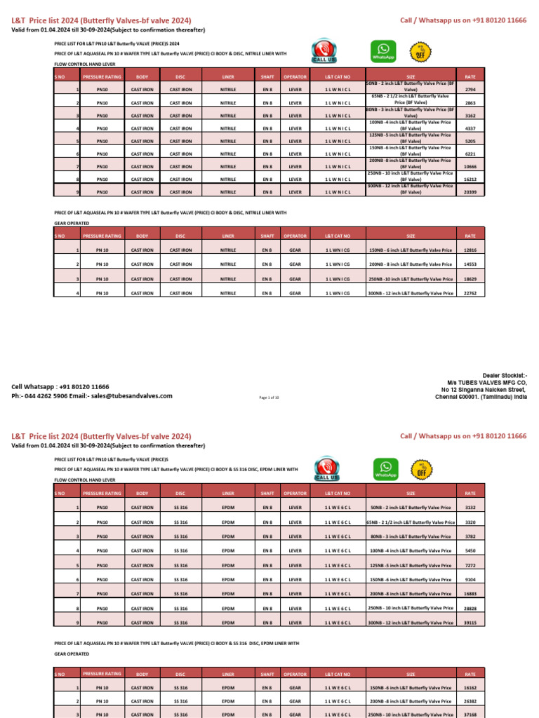 L&T Butterfly Valve Price List 2024 | PDF | Valve | Equipment
