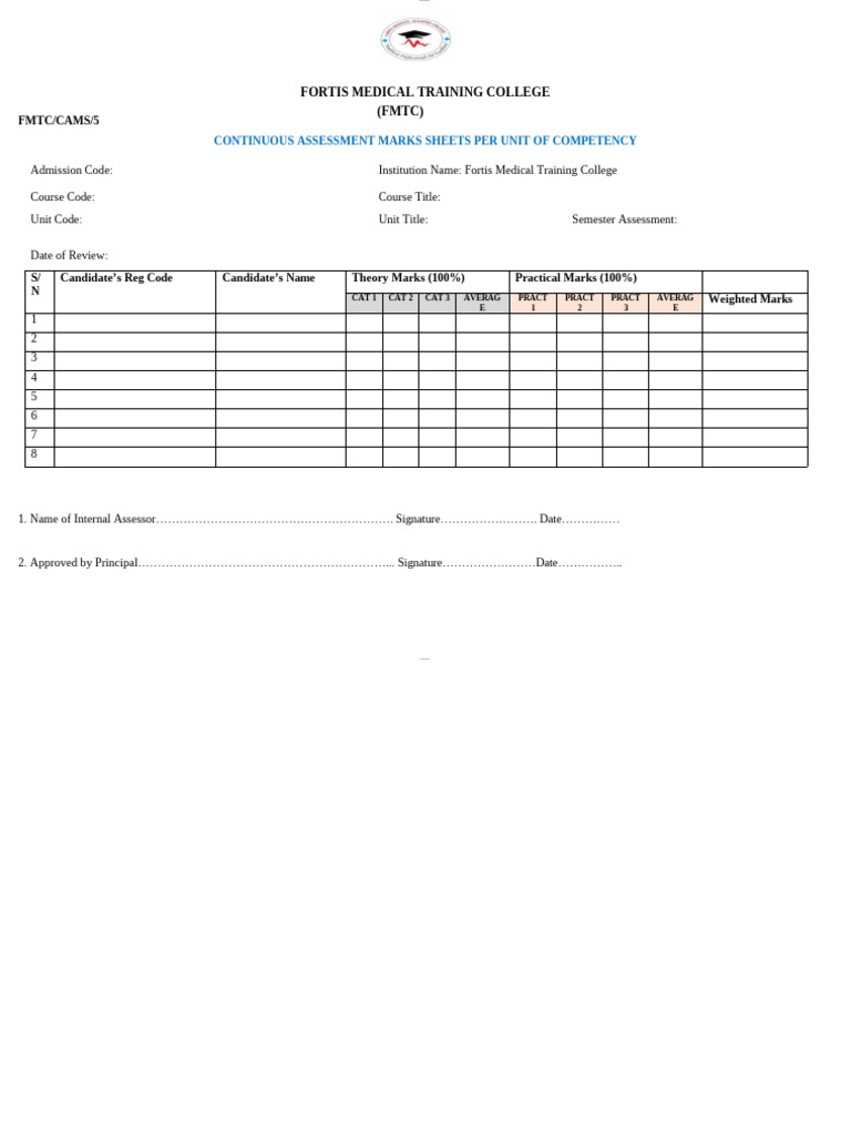 FMTC Continous Assesment Mark Sheet | PDF