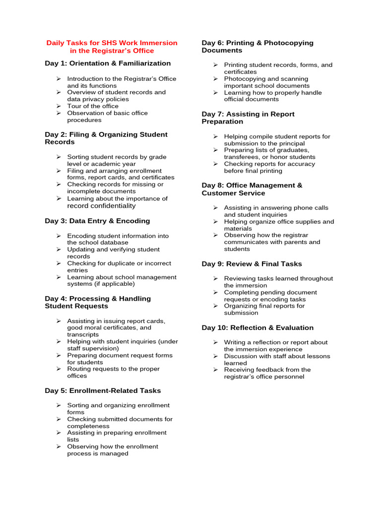 Daily Tasks For SHS Work Immersion in The Registrar | PDF | Laboratories | Libraries