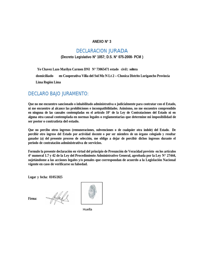 Declaración Jurada de Contratación Estatal | PDF | Gobierno