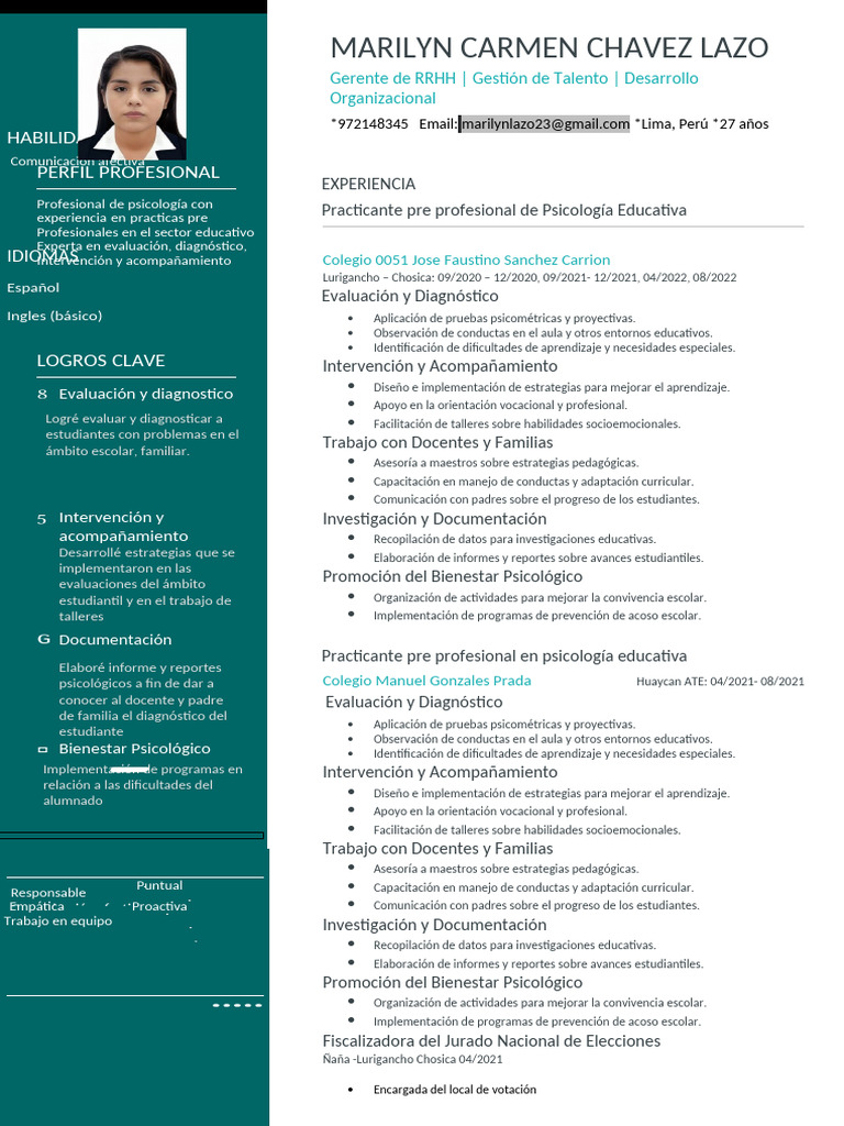 CV de Marilyn Carmen Chavez Lazo | PDF | Sicología