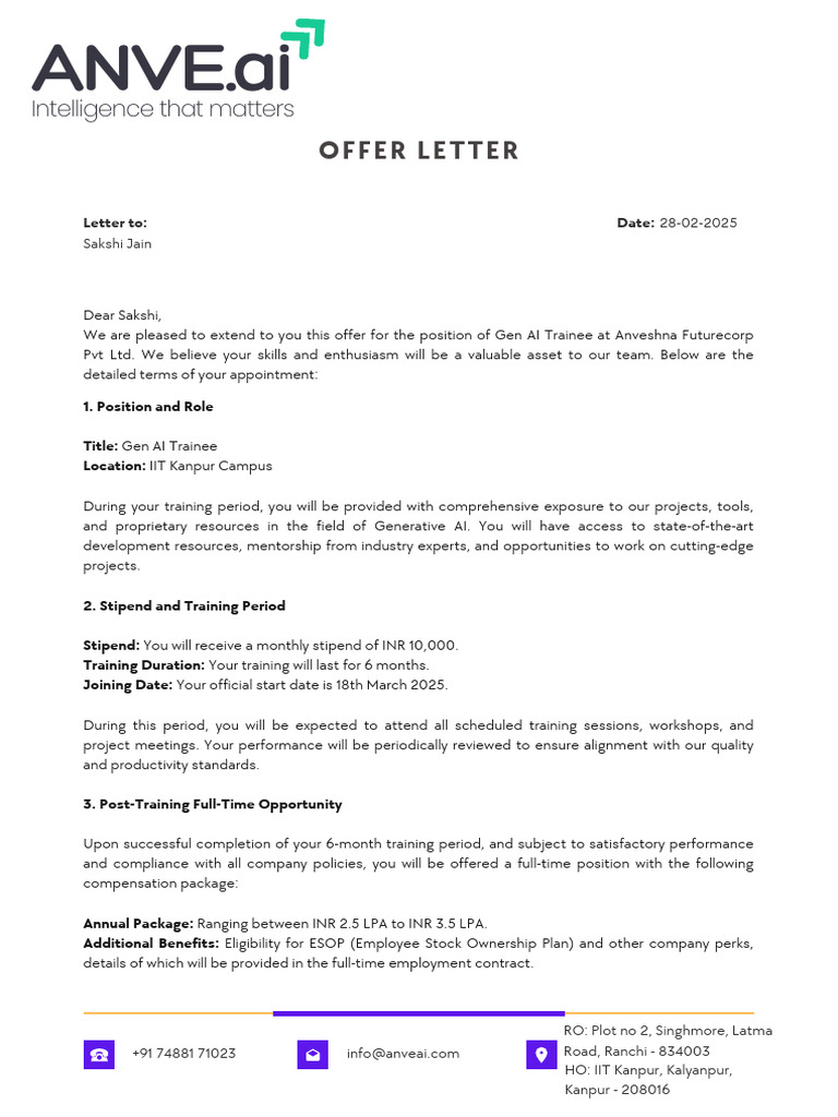 Sakshi Jain - Offer Letter | PDF | Non Disclosure Agreement | Business