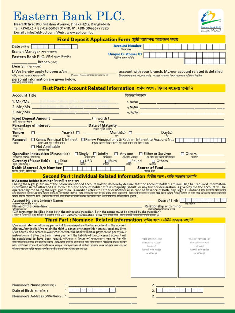 Eastern Bank PLC Individual Fixed Deposit Form | PDF
