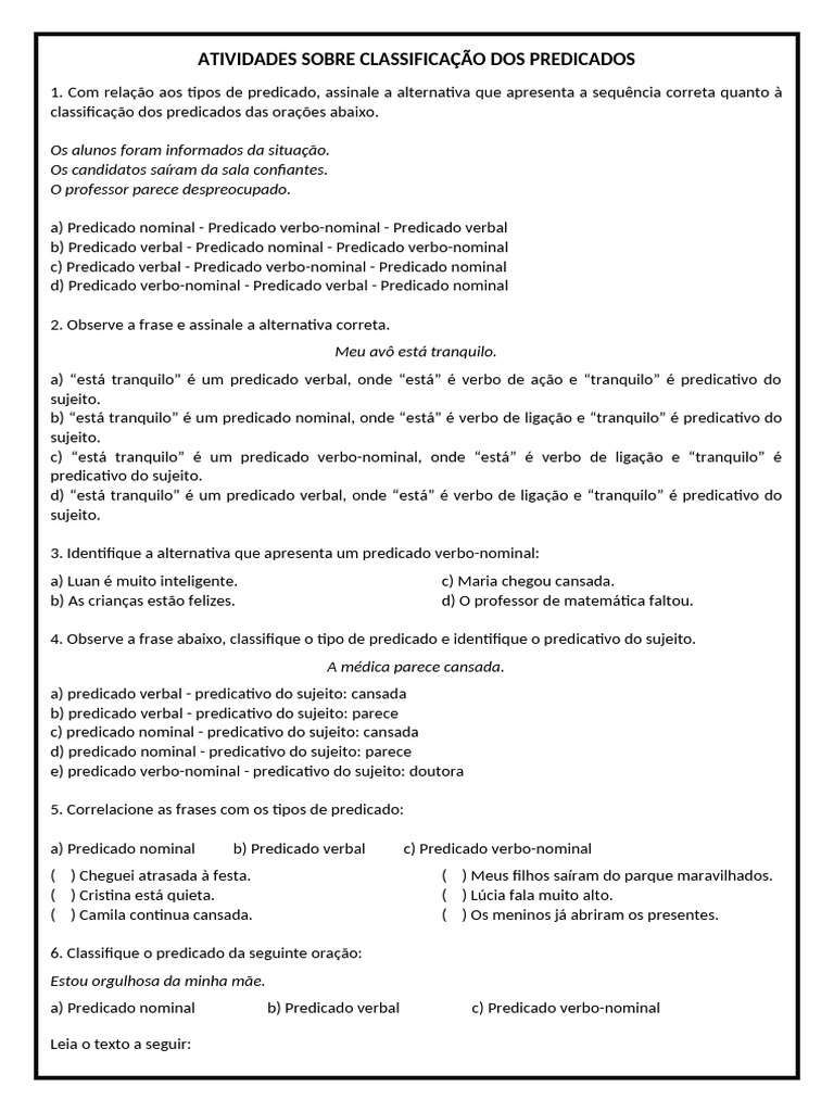 Atividades sobre Tipos de Predicado | PDF | Predicado (gramática ...