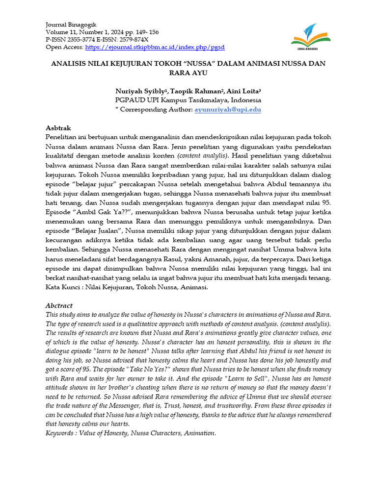 Analisis Nilai Kejujuran Tokoh "Nussa" Dalam Animasi Nussa Dan Rara Ayu Nuriyah Syibly, Taopik ...