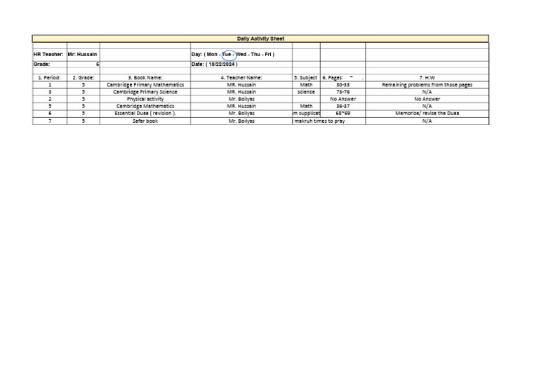 Daily Activity Sheet G5 | PDF