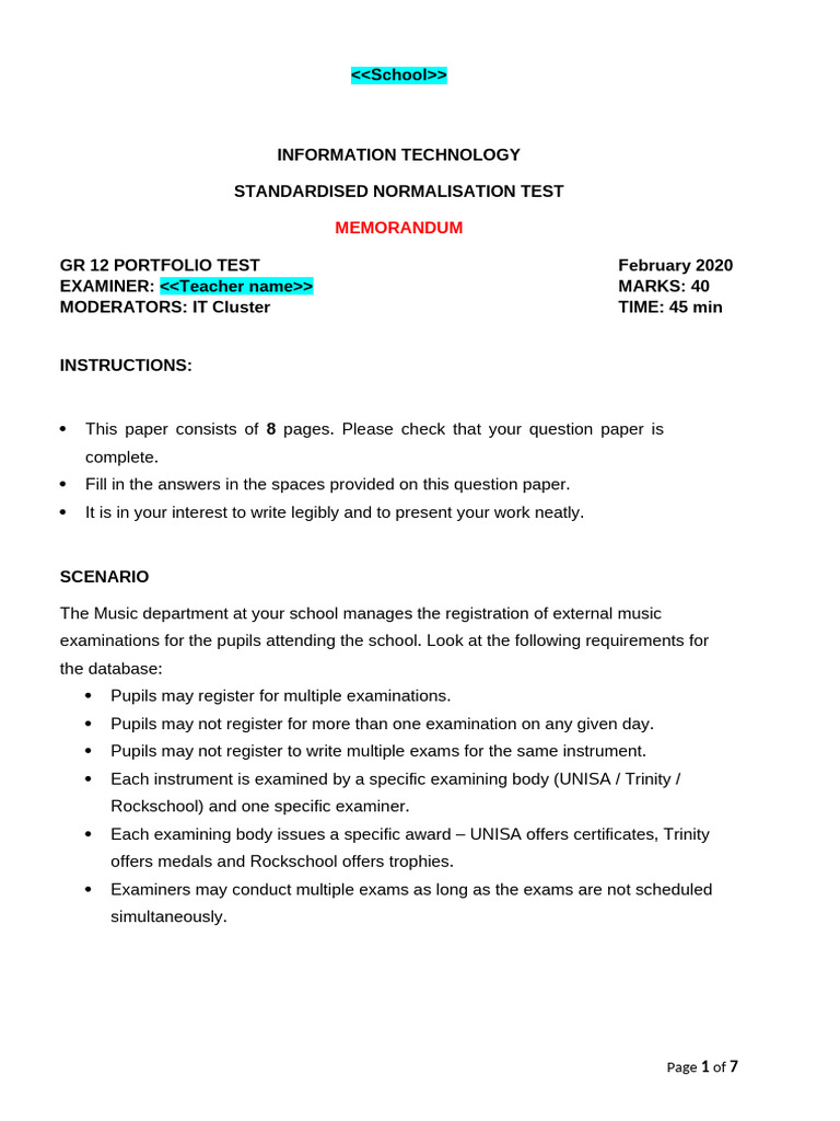 Grade 12 IT Database Normalisation Test | PDF | Databases | Information ...