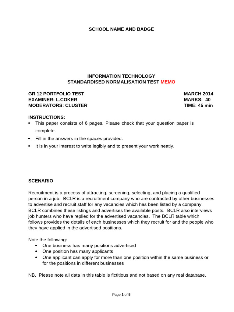 Normalisation Test Standardised 2014 Memo Delia Pdf Data Management Software Computer Data