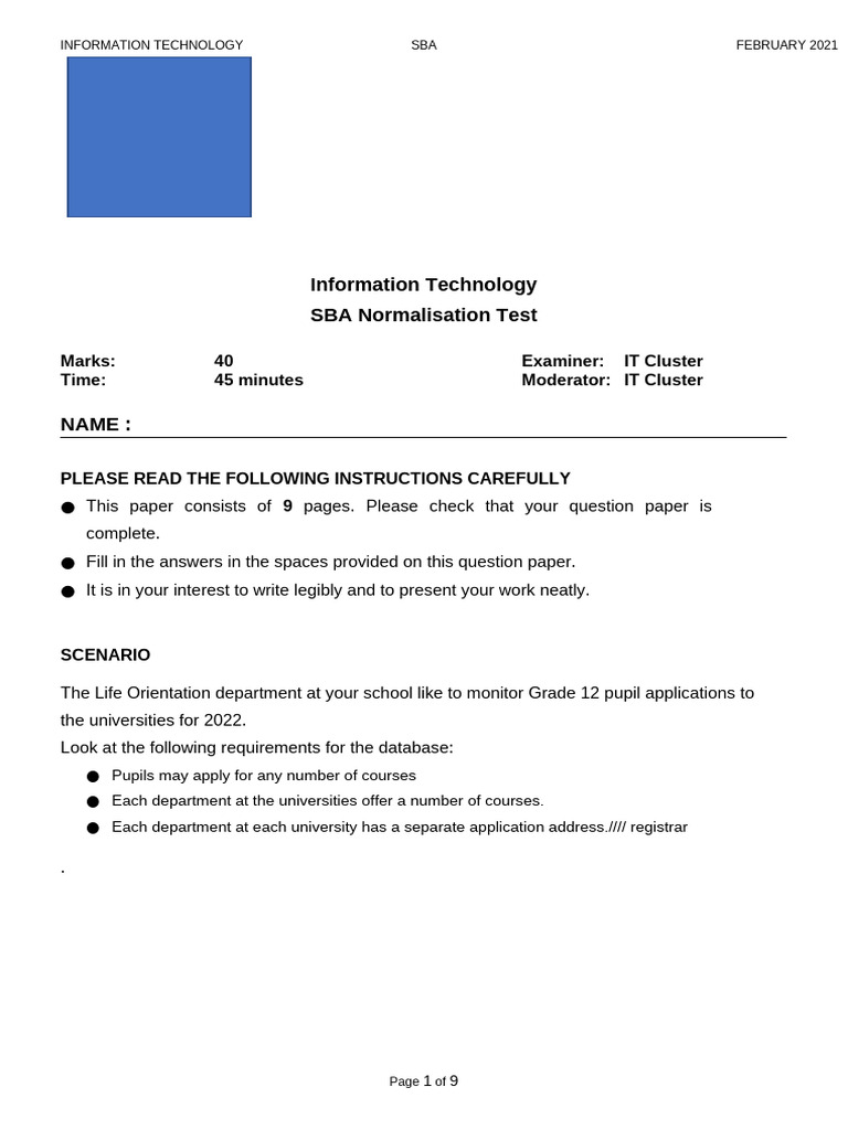 IT SBA Normalisation Test 2021 | PDF | Computing | Data Management
