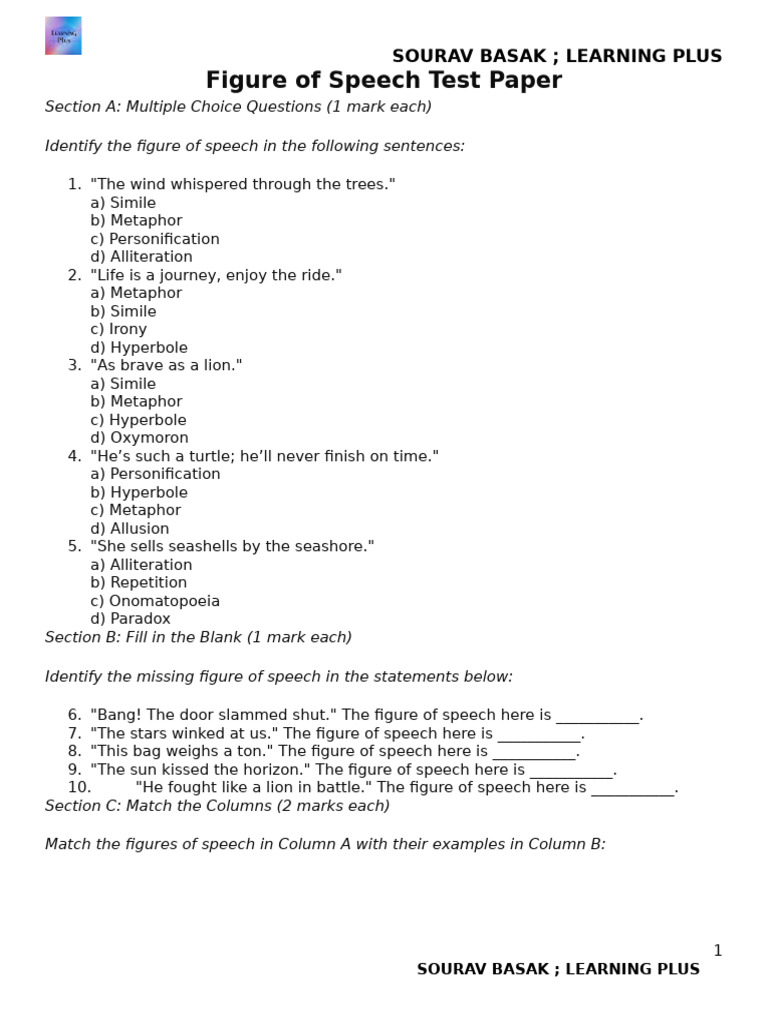 Figure of Speech Test Paper | PDF | Rhetorical Techniques | Figures Of ...
