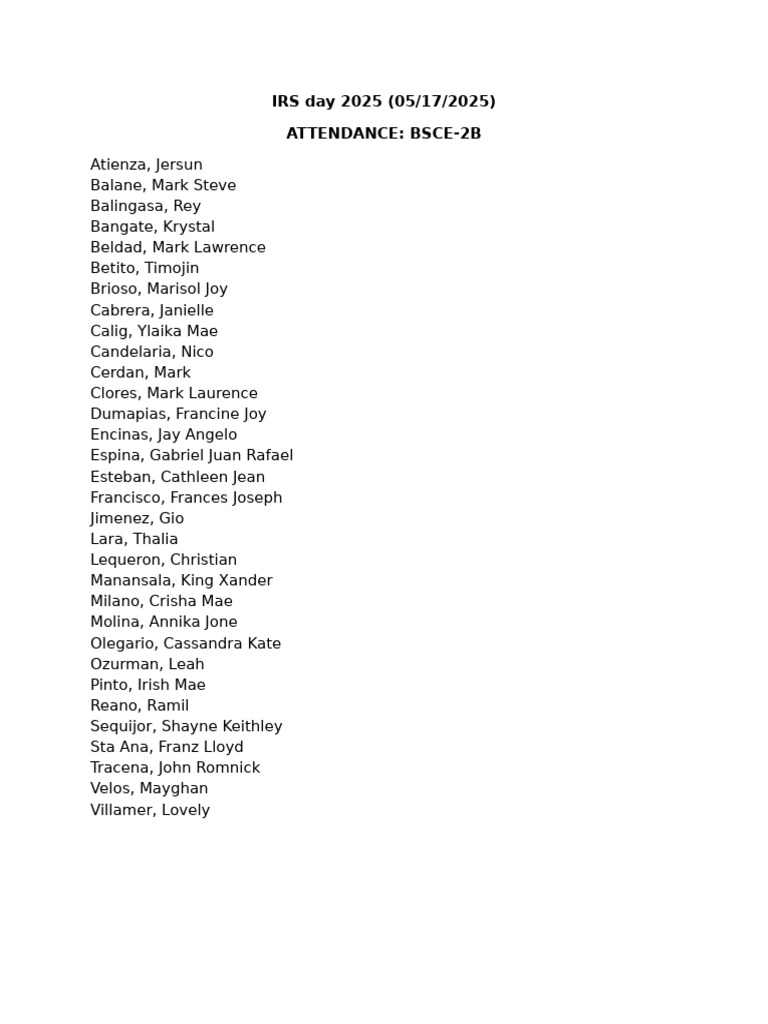 Bsce-2b Irs Day 2025 Attendance | PDF