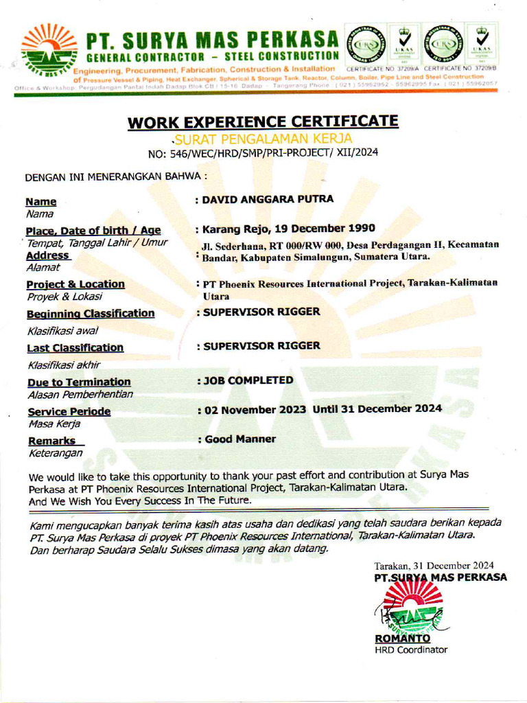 Work Experience Certicate Pak Davit | PDF