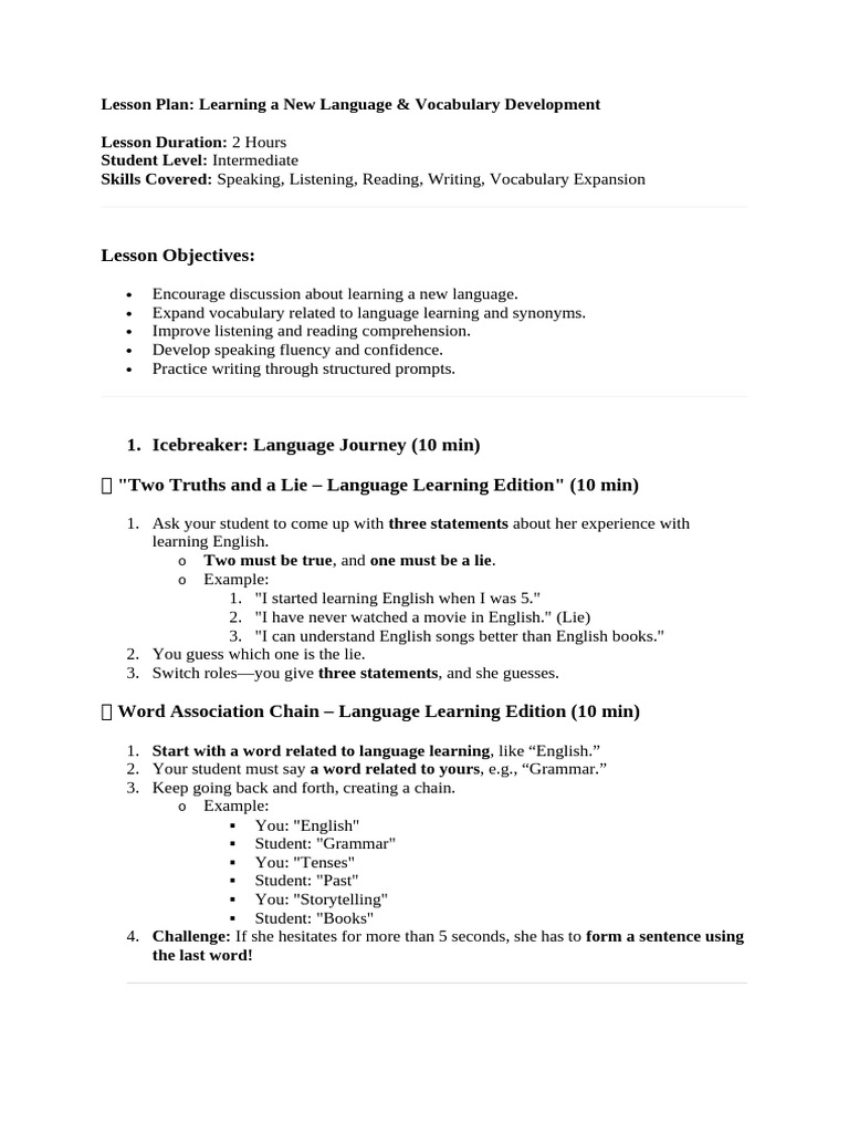 Lesson Plan - Learning A New Language & Vocabulary Development | PDF ...