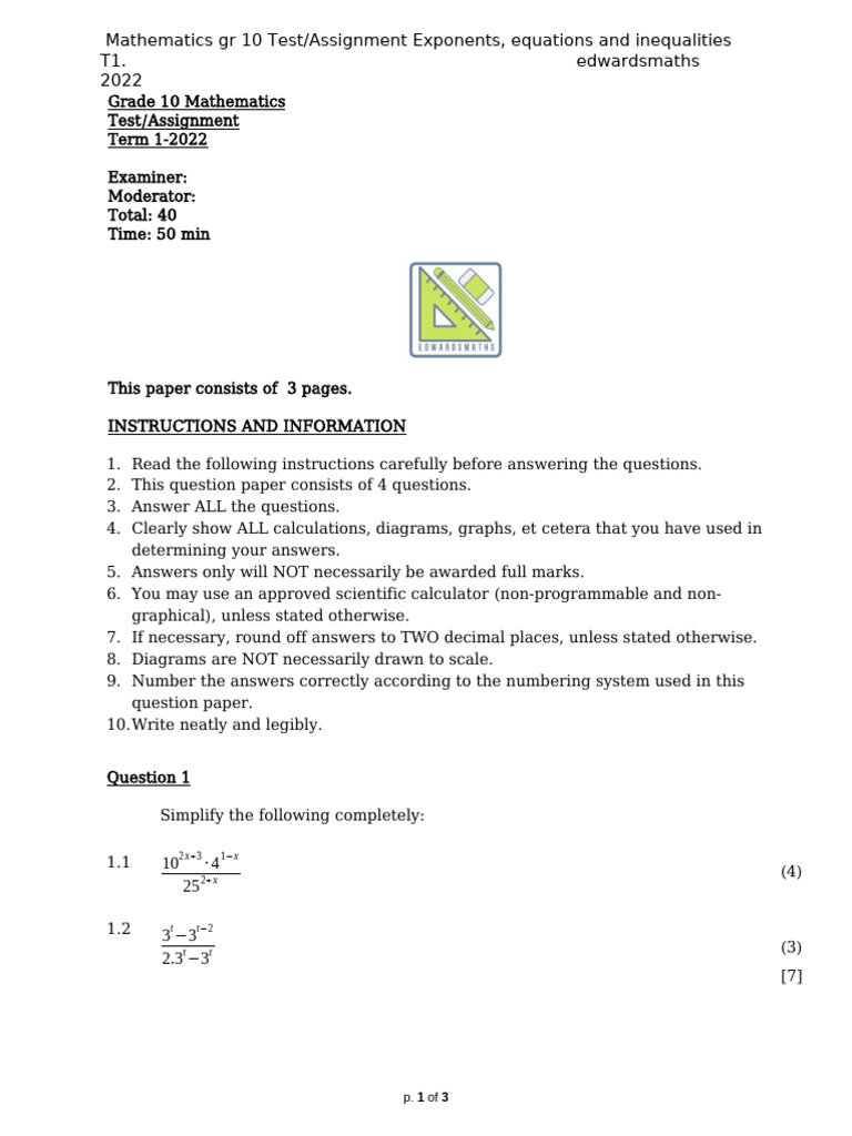 Grade 10 Math Test: Exponents & Inequalities | PDF | Applied ...