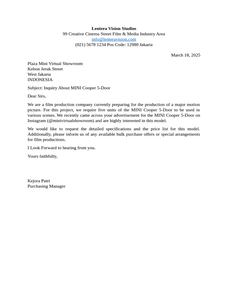 Enquiry Letter Mobil | PDF