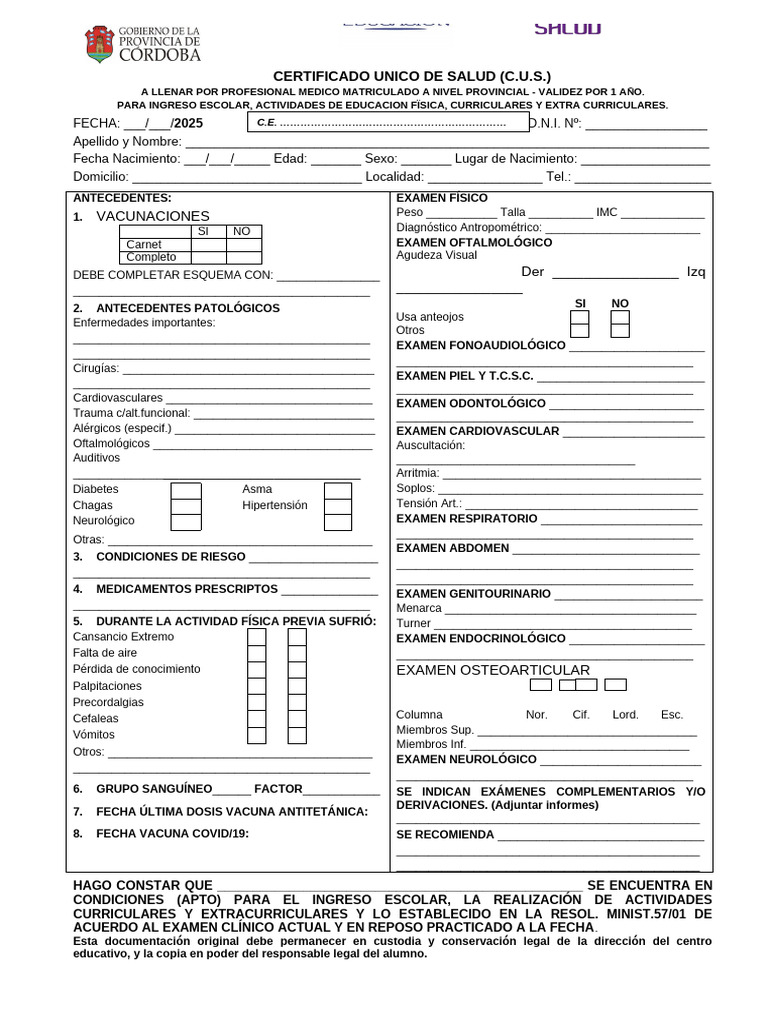 Formulario C.U.S. 2025 para Ingreso Escolar | PDF | Enfermedades y ...