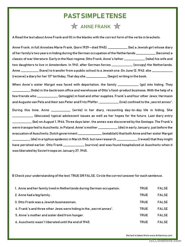 The Story of Anne Frank - Past Simple Tense | PDF | Anne Frank | World ...