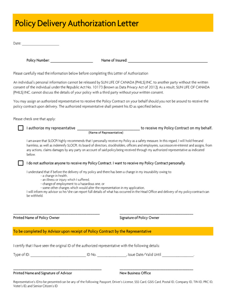 Policy Delivery - Authorization Letter | PDF