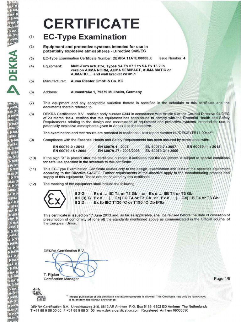 ATEX Cert - DEKRA 11ATEX0008 X | PDF