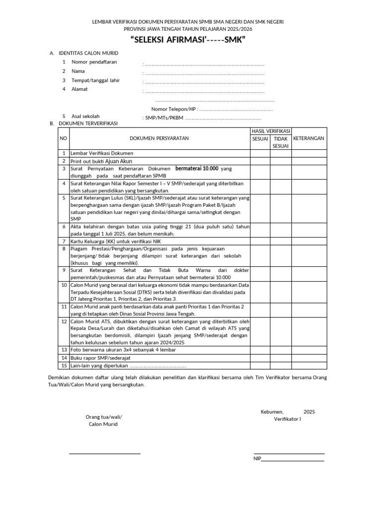 Lembar Verifikasi Berkas Jalur Afirmasi | PDF