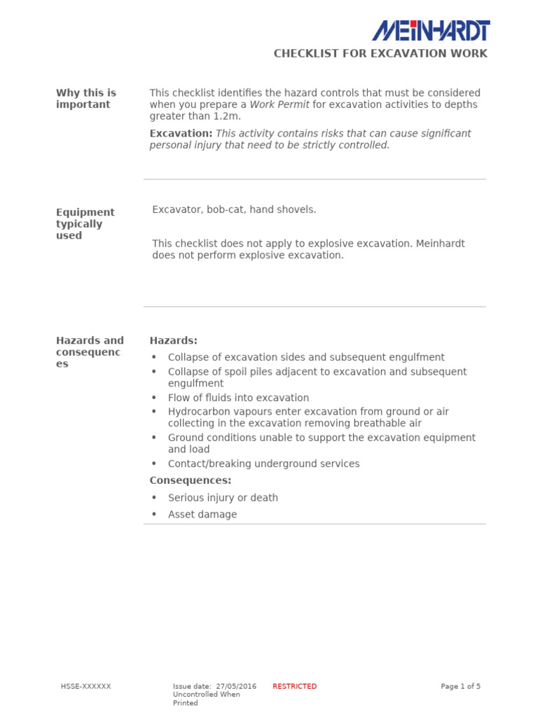 Checklist For High Risk Work - Excavation | PDF | Safety