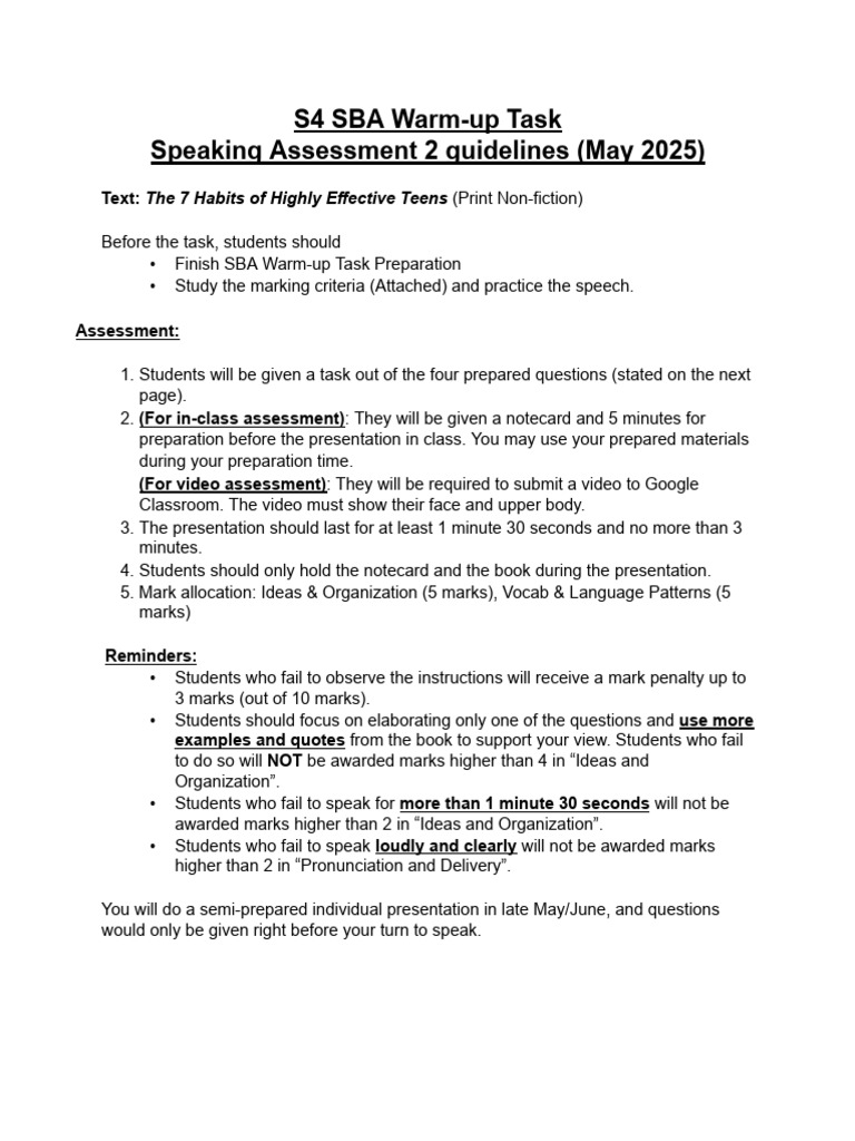 2425 Easter SBA Warm Up Task Prep | PDF | Human Communication | Learning