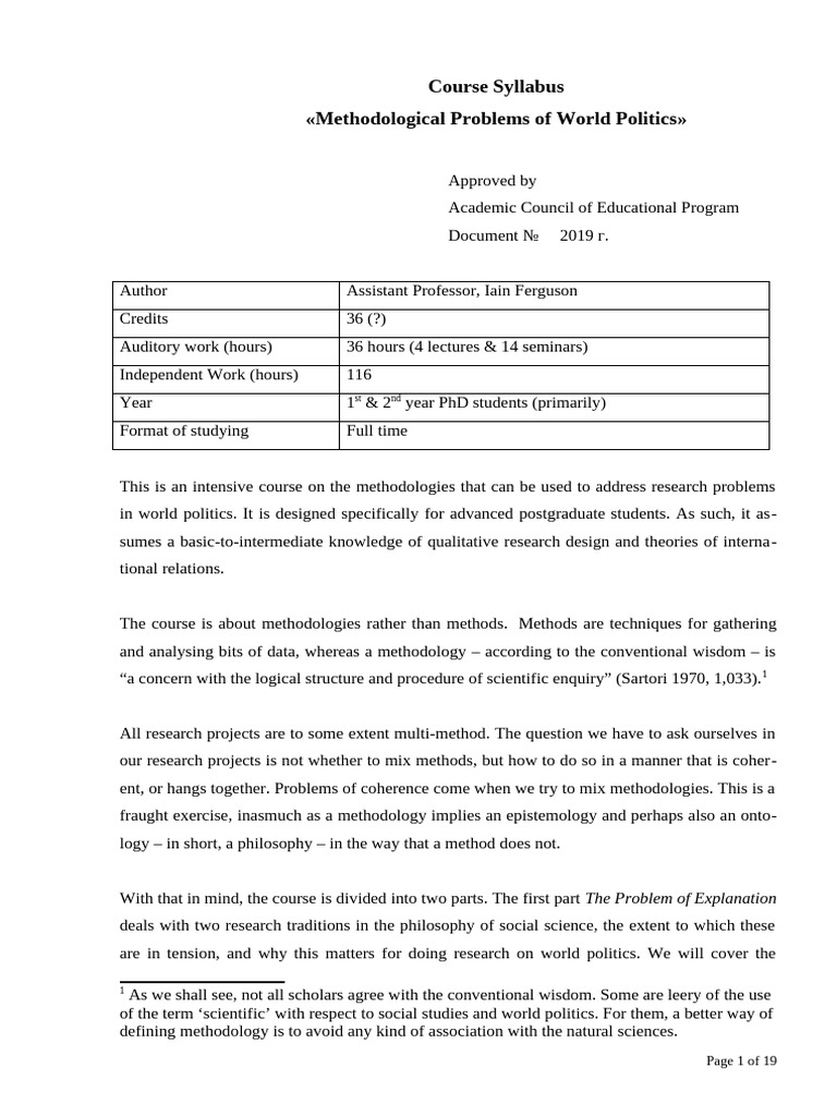 Methodological Problems of World Politics - 2019-20 | PDF | Methodology | Positivism