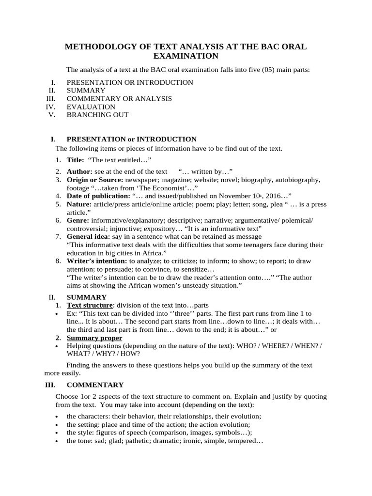 Methodology of Text Analysis at The Bac Oral Examination | PDF | Human ...