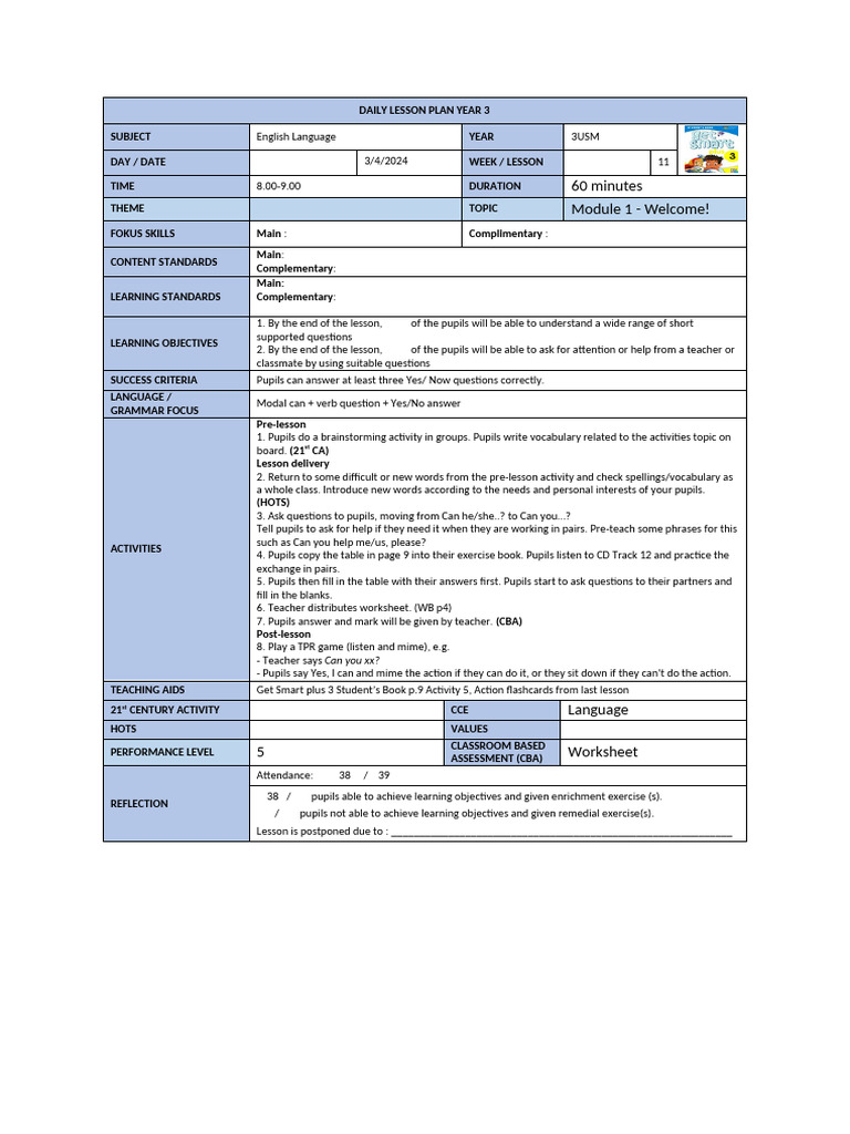 Year 3 English Lesson Plan: Module 1 | PDF | Lesson Plan | Teachers