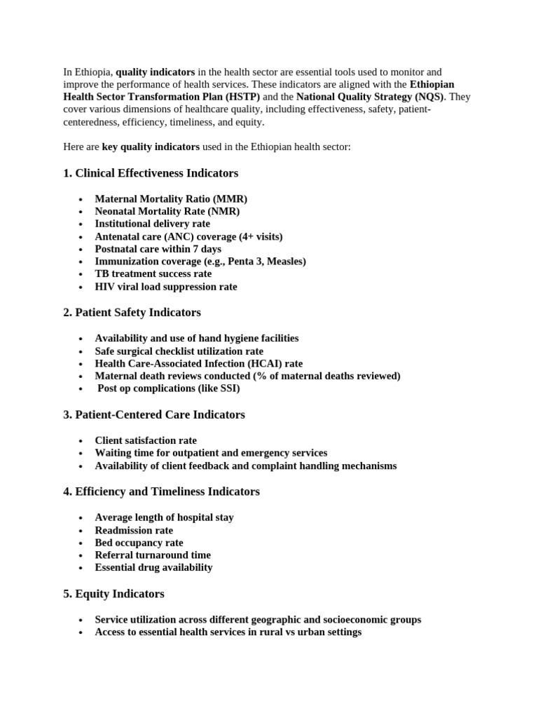 Ethiopian Health Sector Quality Indicators | PDF