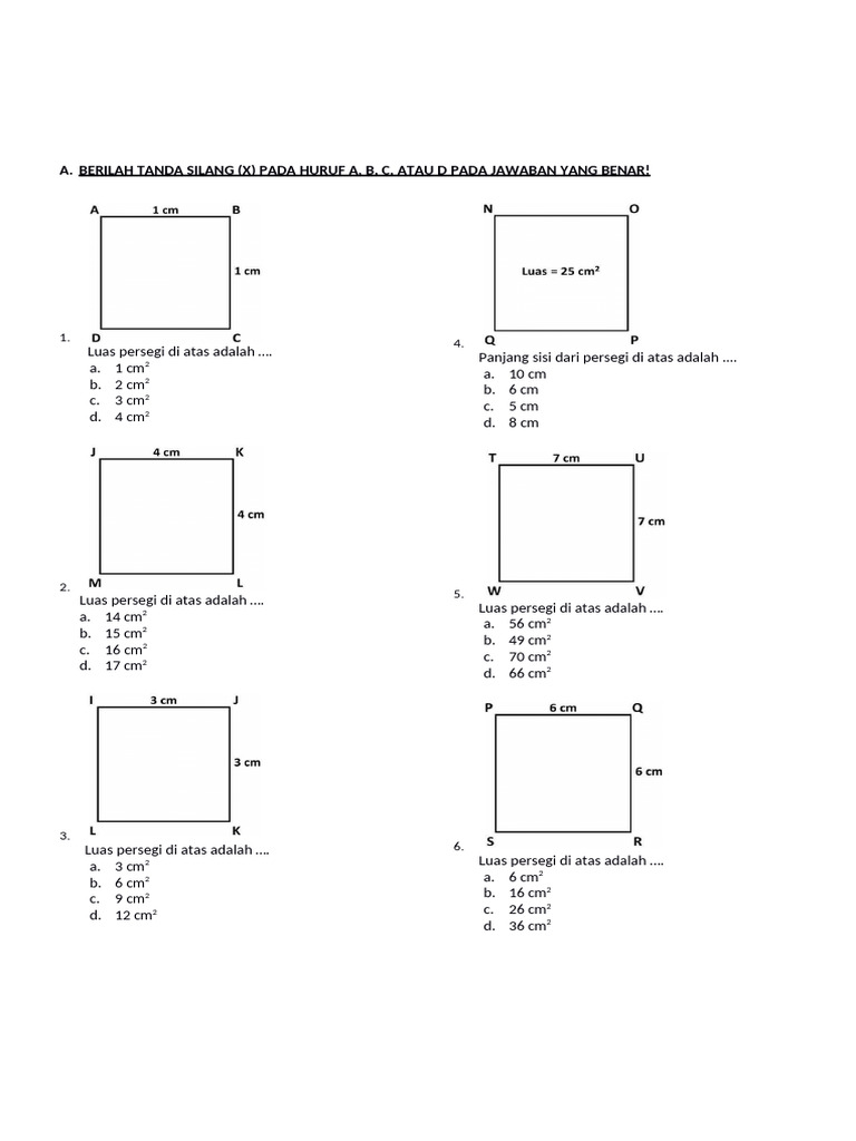 Soal Luas Persegi Level 1 dan Kunci Jawaban - www.bimbelbrilian.com | PDF