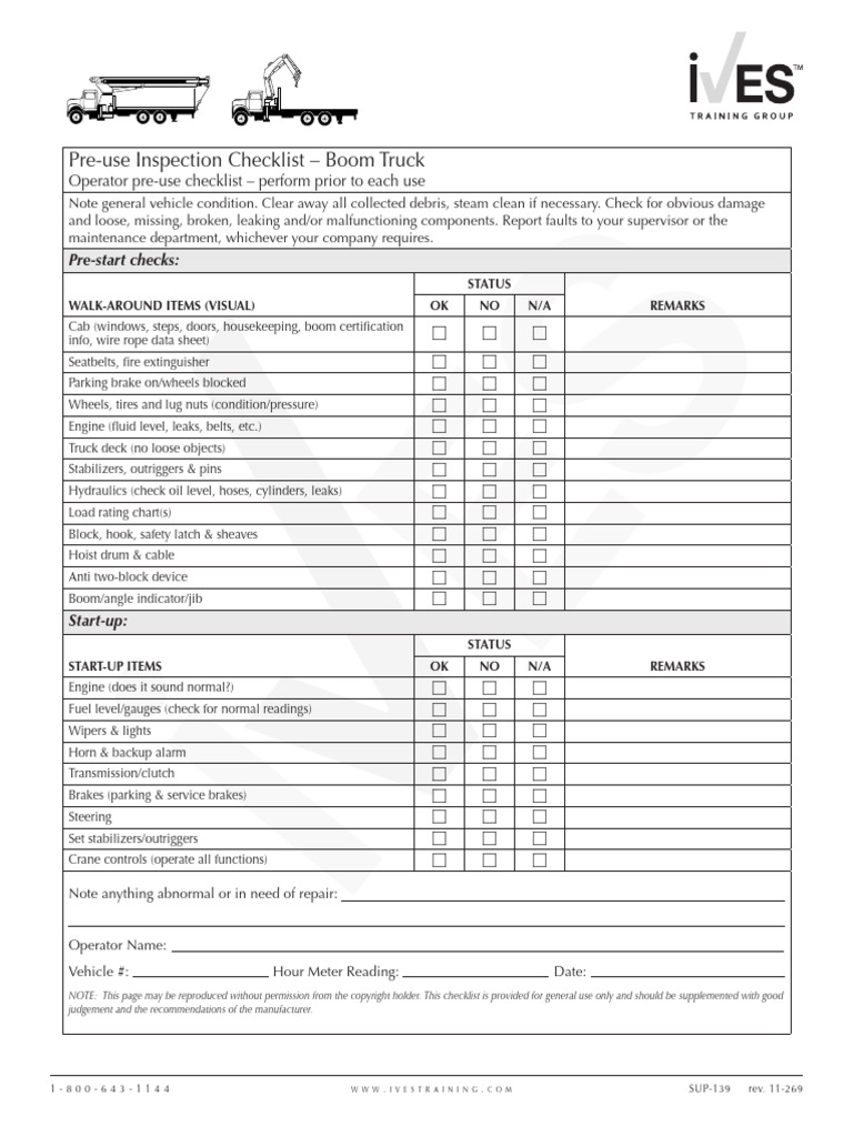 Boom Truck Pre-Use Inspection Checklist | PDF | Crane (Machine) | Truck