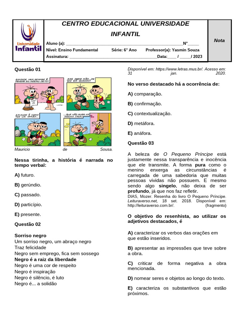 Av3 Língua portuguesa - 6º ano (2ª unidade) | PDF