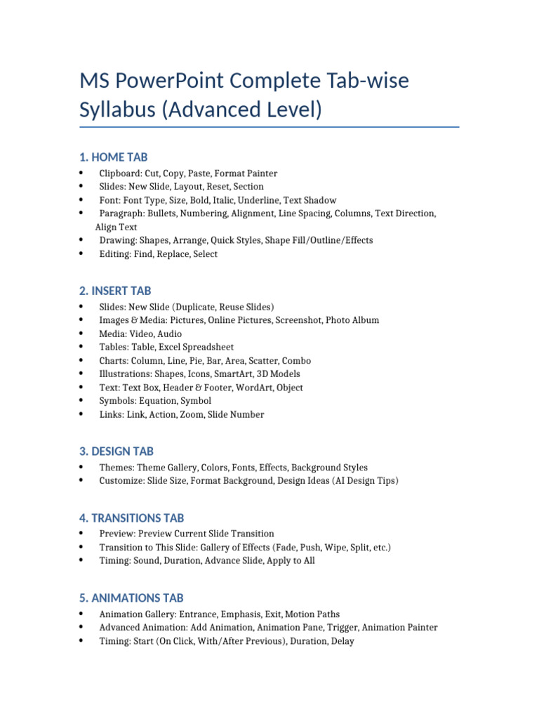 MS PowerPoint Advanced Syllabus | PDF | Microsoft Power Point | Typefaces